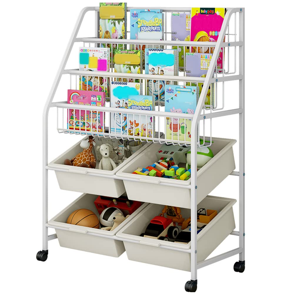 MOAMUN Kids Bookshelf Children Book Organizer 5 Tier Metal Kids Bookcases and Toy Storage Rack with 4 Cube Bins for Playroom Bedroom Living Room Study Room( Beige)