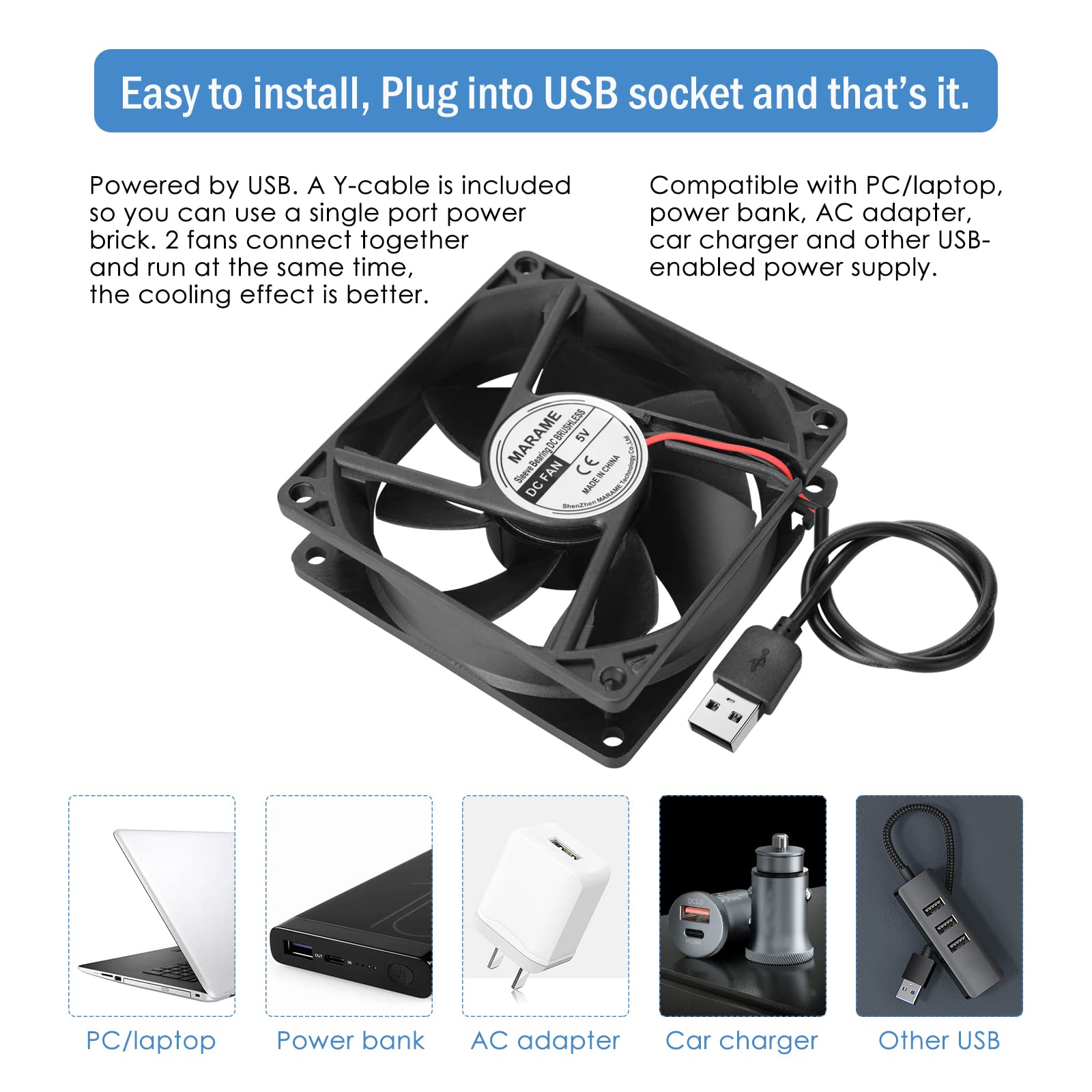 2-Pack 80mm USB Computer Fan with 1 Male to 2 Female USB Extension Cable with ON/Off Switch for Receiver DVR PlayStation Xbox Computer Cabinet Cooling