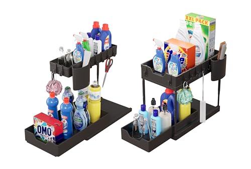 2 Sets of 2 -Tier Multi-Purpose Under Sink Organizer and Storage, Adjustable Height Pull Out Under Sink Kitchen Bathroom Cabinet with 8 Hooks and 2 Hanging Cup, Kitchen Sink Splash Guard