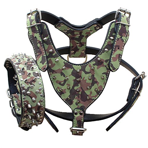 Benala Leather Spikes Dog Harness and Collar Heavy Duty Set for Pitbull,German Shepherd,Golden Retriever (Camouflage,L)