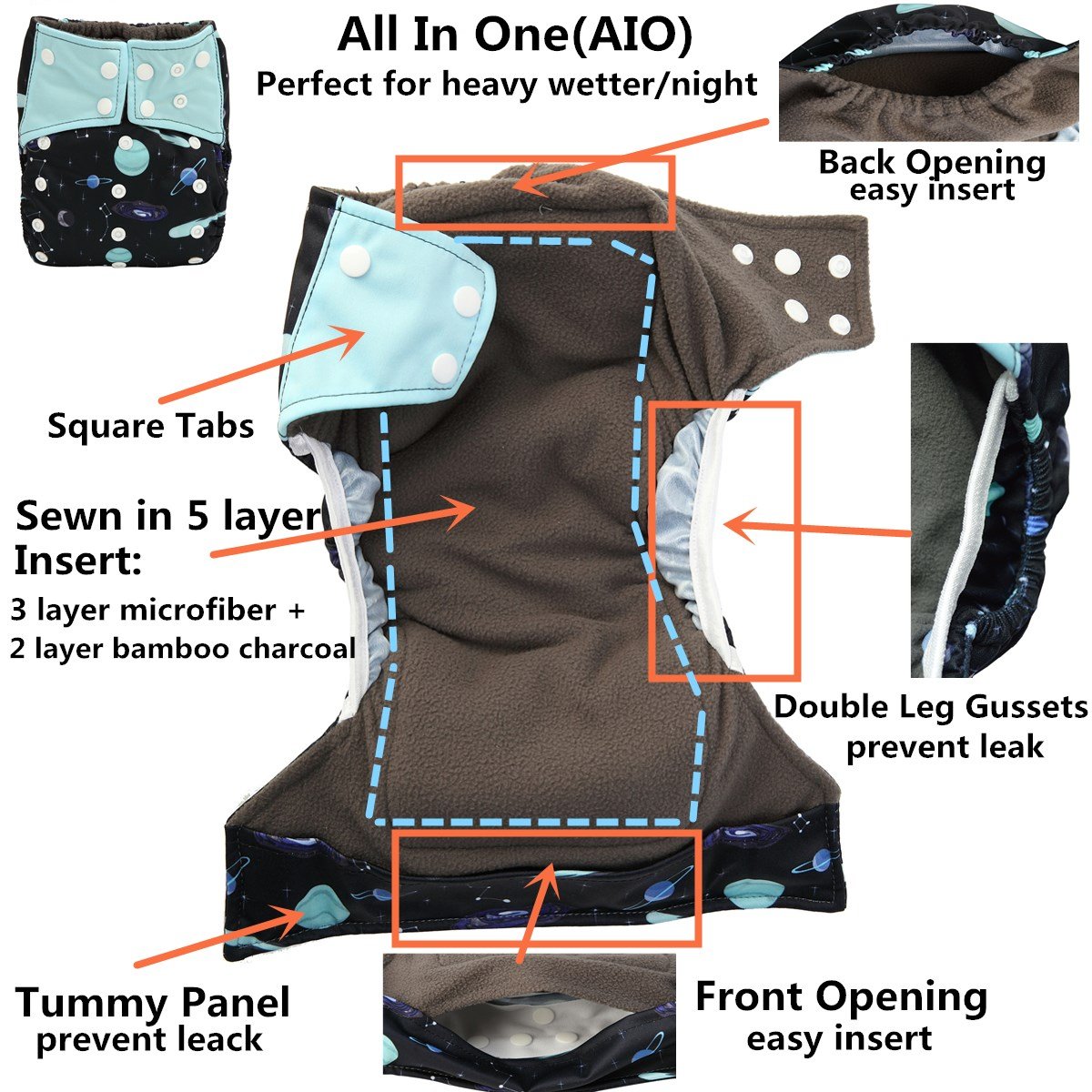AIll in One Night AIO Cloth Diaper Nappy Sewn in Insert Reusable Washable Girls (Hummingbirds Foliage)