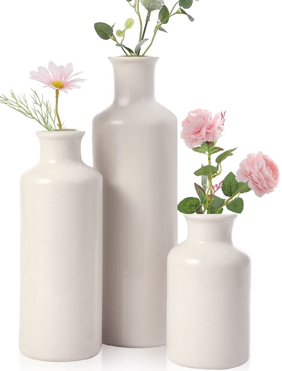 Anndason Set of 3 Ceramic Vase White Vase Set Rustic Ceramic Vase for Home Decor Retro Farmhouse Vase Decorative Vases for Home Decor,Wedding, Party, Restaurant, Garden, Coffee Shop (White-Crack)