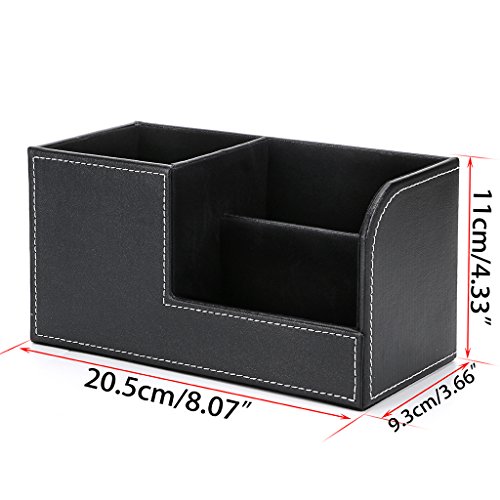 BTSKY PU Leather Desk Pen Pencil Holder- Multi-functional Desktop Organizer Storage Box Business Card Pen/Pencil Mobile Phone Remote Control Stationery Holder Home Office Table Top Organization Decor(black)