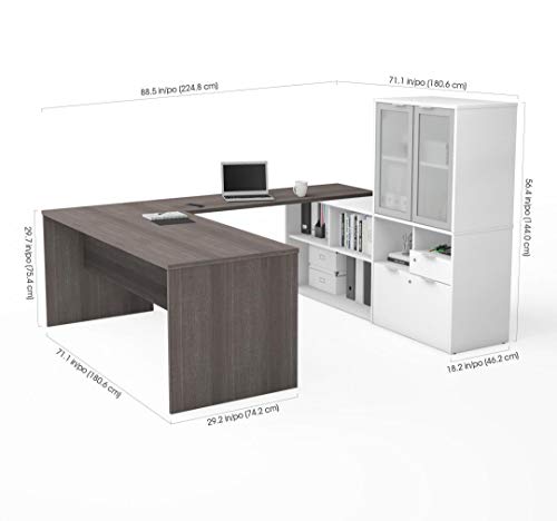 Bestar i3 Plus U-Shaped Executive Desk with Frosted Glass Doors Hutch, 72W, Bark Grey & White