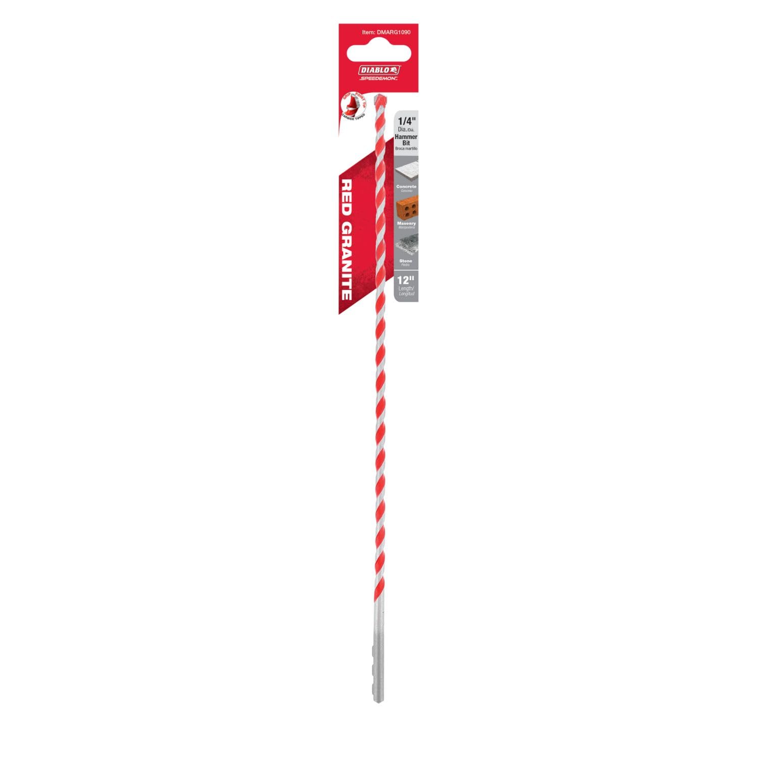 Diablo SPEEDemon Red Granite Carbide Tipped Hammer Drill Bit for Concrete, Masonry and Stone - 1/4" Diameter, 12" Length, 10" Working Length - DMARG1090