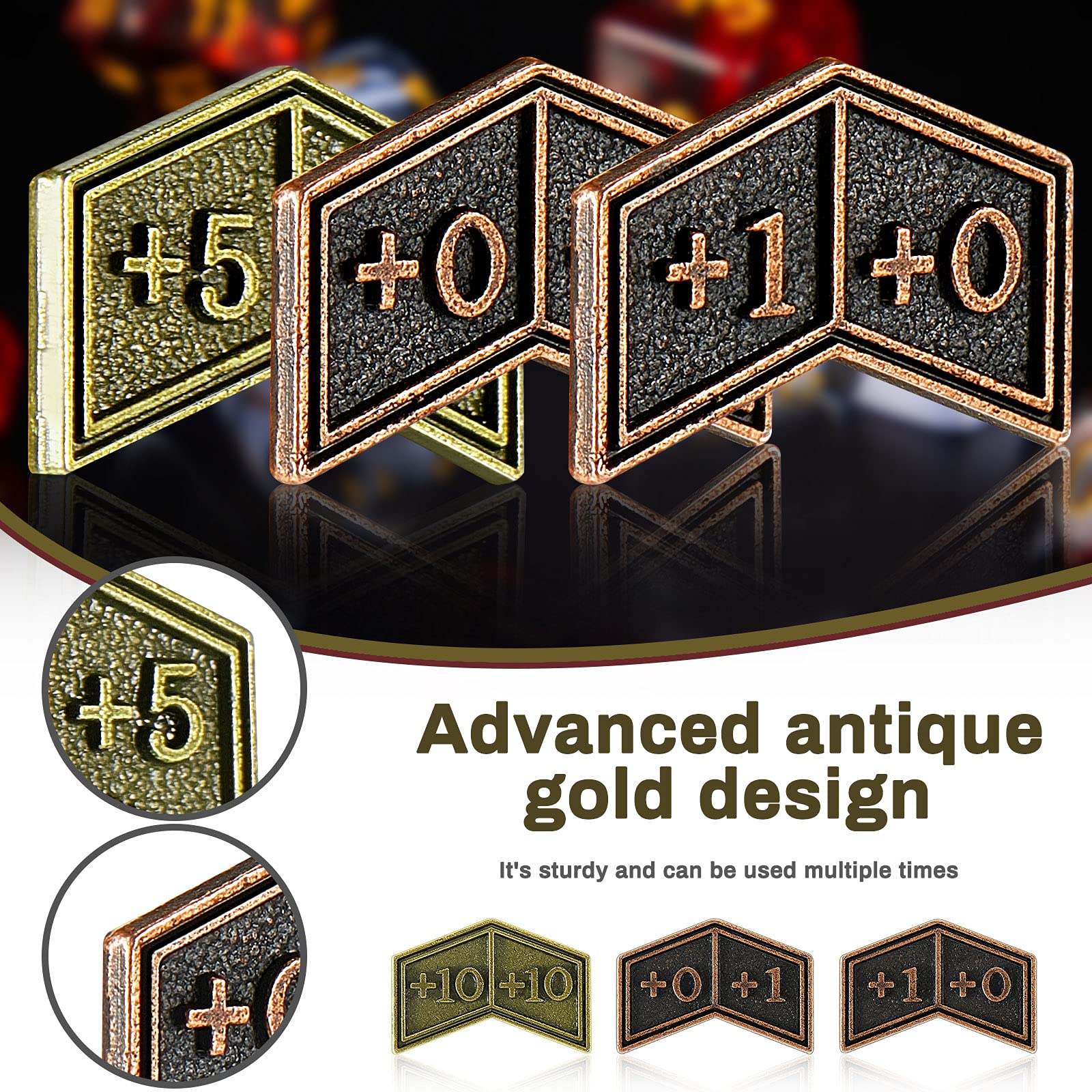 60 Pieces Magic Gathering Counters Tokens Antique Gold Metal Tokens Counters Double Sided Compatible with CCG and MTG with Velvet Drawstring Pouch
