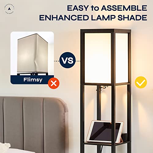 ATAMIN Avery - 63" Floor Lamp with Fast Charging USB, USB-C & Power Outlet, Shelf Floor Lamps for Living Room, Standing Lamp with Charging Station - Black