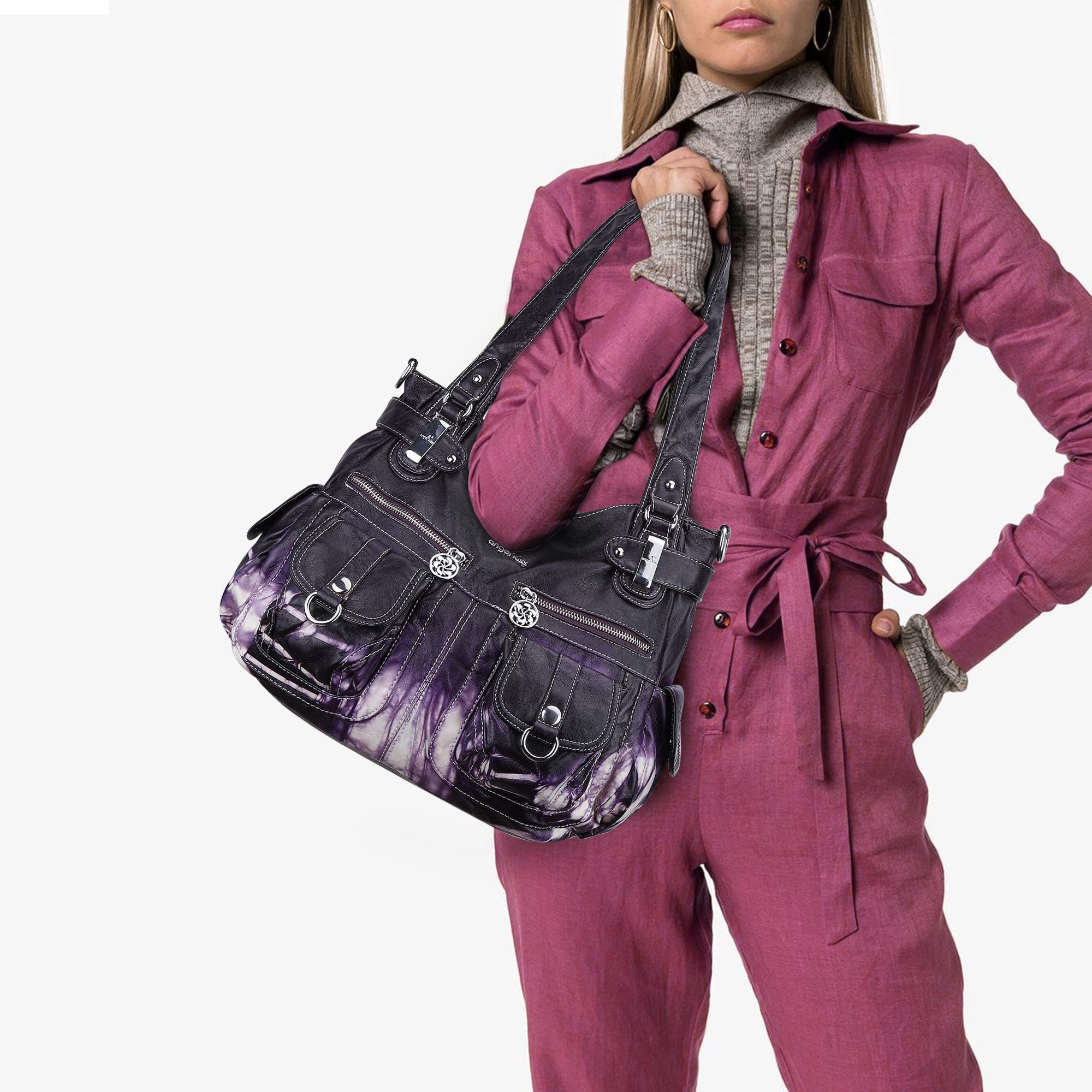 Angelkiss Women's Designer Handbag Large Double Zipper Multi Pocket Washed, Purple-z