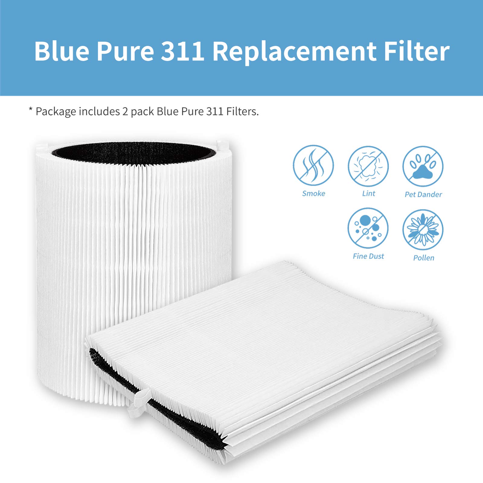 2 Pack 311 Auto Filters Replacement,Compatible with Blueair Blue Pure 311 Auto Air Purifier,2 in 1 HEPASilent and Activated Carbon Filter