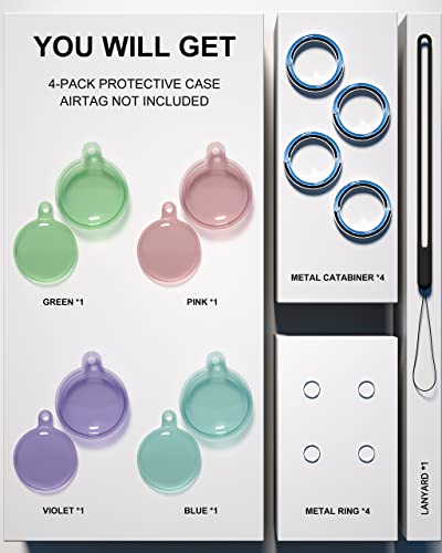 4 Pack Airtag Keychain Waterproof, Air Tag Holder for Apple Airtag GPS Tracker, Soft Full-Body Shockproof Apple Tag Case for Dog Cat Collar, Luggage, Keys (4 Holder+1 Lanyard)