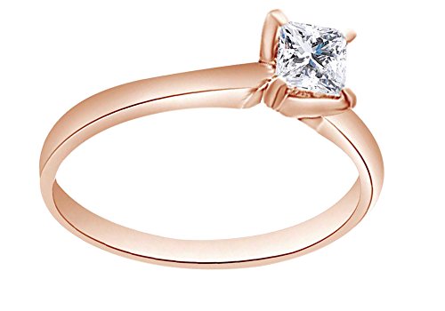 14K Solid Rose Gold Princess Shape (0.25 Cttw) White Natural Diamond Solitaire Engagement Wedding Ring, Size-10.5