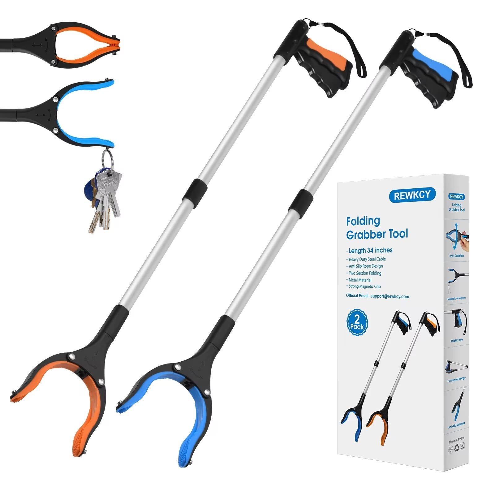 2 Pack 34" Long Grabber Tool, Foldable Grabbers for Elderly Grab It Reaching Tool with Rotating Jaw +Magnets, 4" Wide Claw Opening Reacher Grabber Pickup Tool, Grabber Reacher Tool Heavy Duty