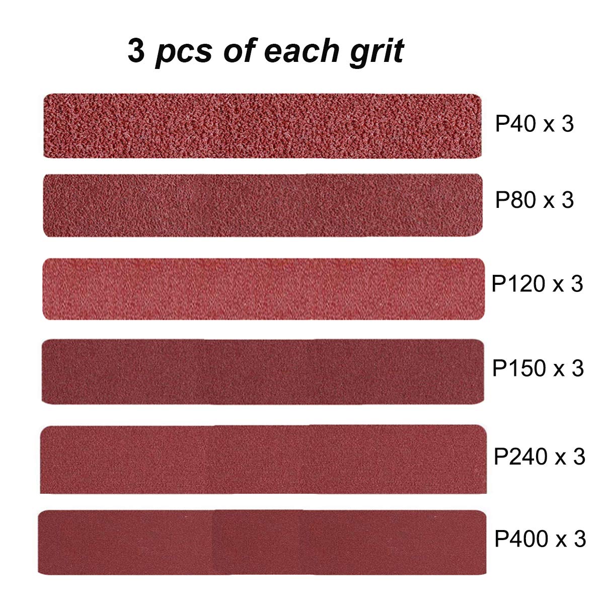 Aiyard 3 x 24 Inch Aluminum Oxide Sanding Belts, 3 Each of 40/80/120/150/240/400 Assorted Grits Abrasive Belts for Belt Sander, 18-Pack
