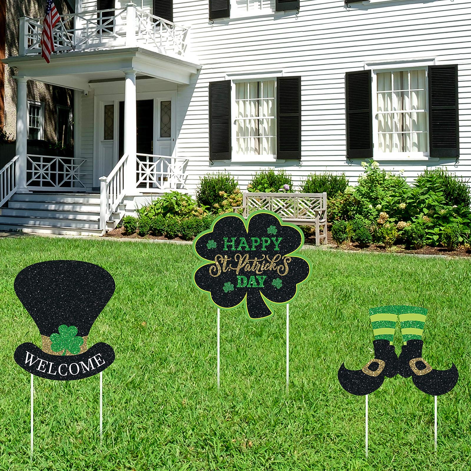 3 Pieces St. Patrick's Day Yard Signs with Stakes, St. Patrick's Day Clover Signs Outdoor Lawn Decorations Irish Leprechaun Horseshoe Shamrock with Happy St Patrick's Day Sign with Stakes