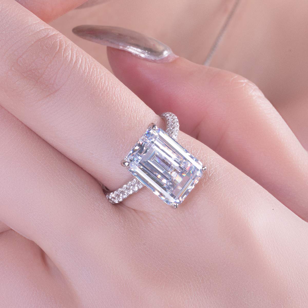 AINUOSHI 6 Carats Emerald Cut Cubic Zirconia CZ Rhodium Plated/Rose Gold Sterling Silver Simulated Diamond Wedding Engagement Ring