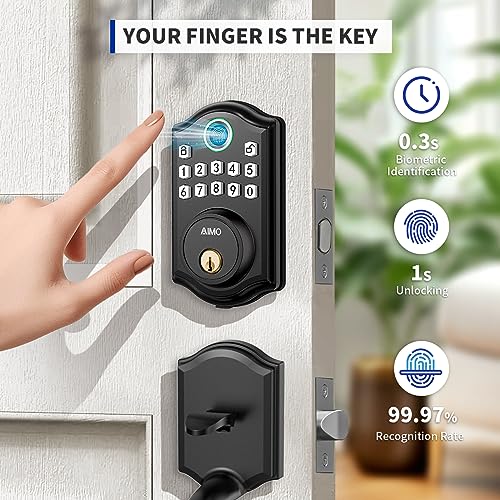 AIMO Fingerprint Door Lock,Keyless Entry Door Lock with Keypad,Full-Metal Electronic Deadbolt,IP65 Waterproof,Auto Lock, Anti Peeking Password, Easy Installation, D1,Matte Black