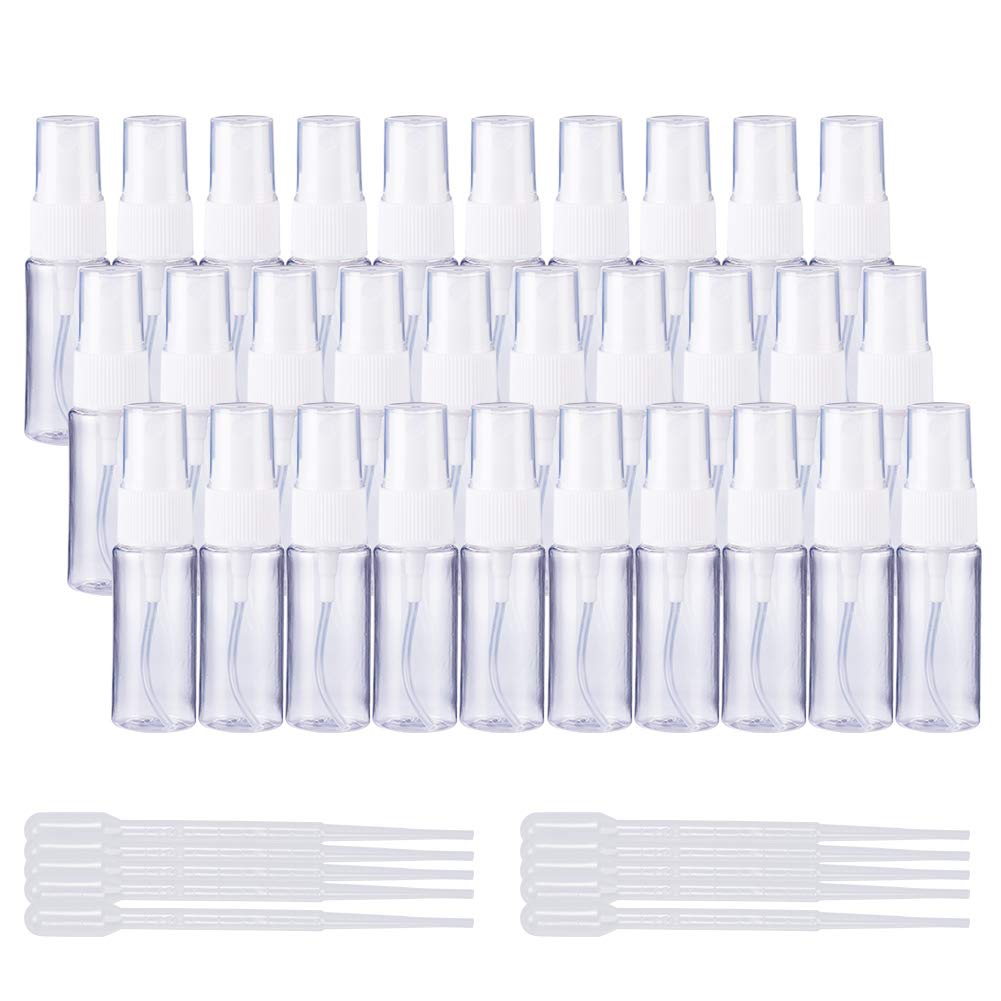 BENECREAT 30 Pack 20ml Fine Mist Spray Bottles Travel Size Bottles Travel Essentials Cosmetic Sample Bottles with 10pcs Plastic Pipettes for Perfume, Essential Oils, Toner
