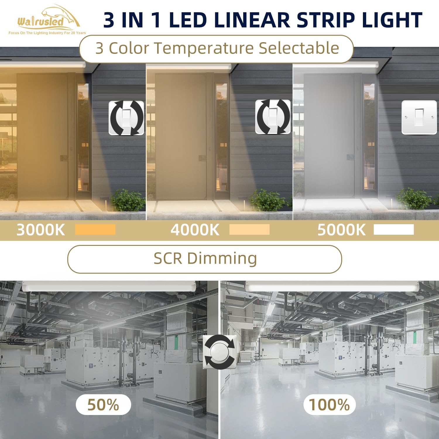 4FT LED Linear Strip Stairwell Light Fixture, 80W, 8800lm, 3000K/4000K/5000K, IP20, SCR Dimmable 4 Foot Commercial Grade Indoor LED Shop Ceiling Light Fixture for Workbench Workshop Warehouse, FCC
