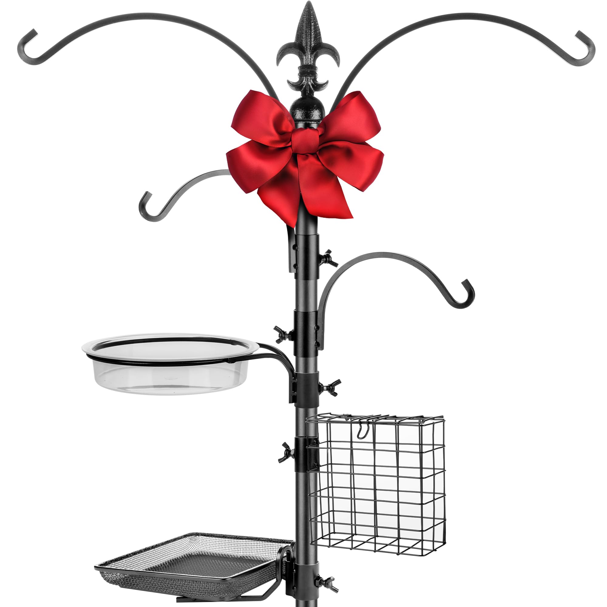 4 Hooks Bird Feeder Pole, 91 Inches Tall Bird Feeder Poles for Outdoors Heavy Duty, Multi Bird Feeder Stand with Bird Bath, Mesh Tray & Suet Cage, 5 Prong Base Bird Feeding Station for Outside