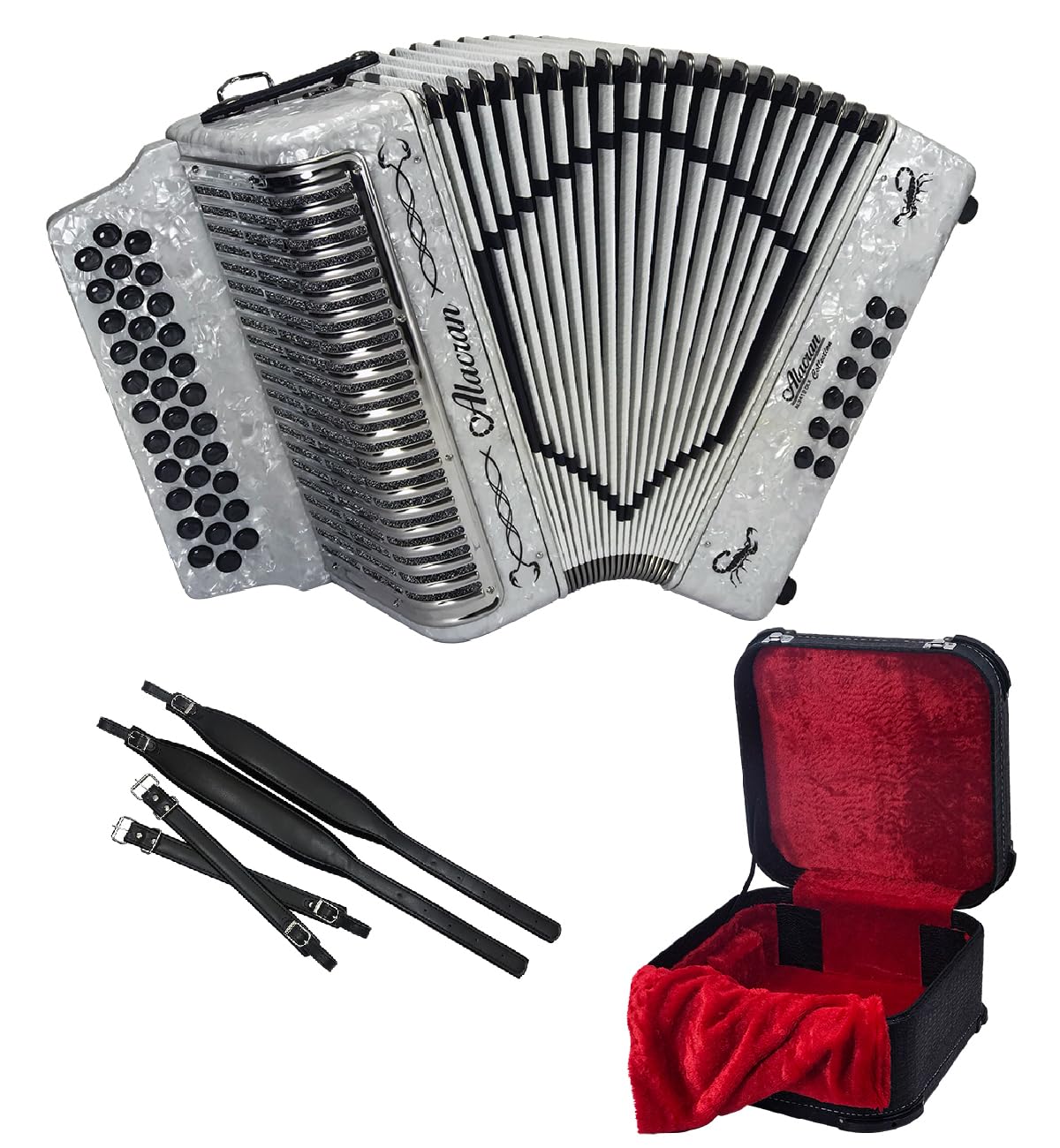Alacran NAL3412 DLX Accordion Package: 34 Button, 12 Bass Accordion with Case and Straps (Fa/FBE, White Pearl)
