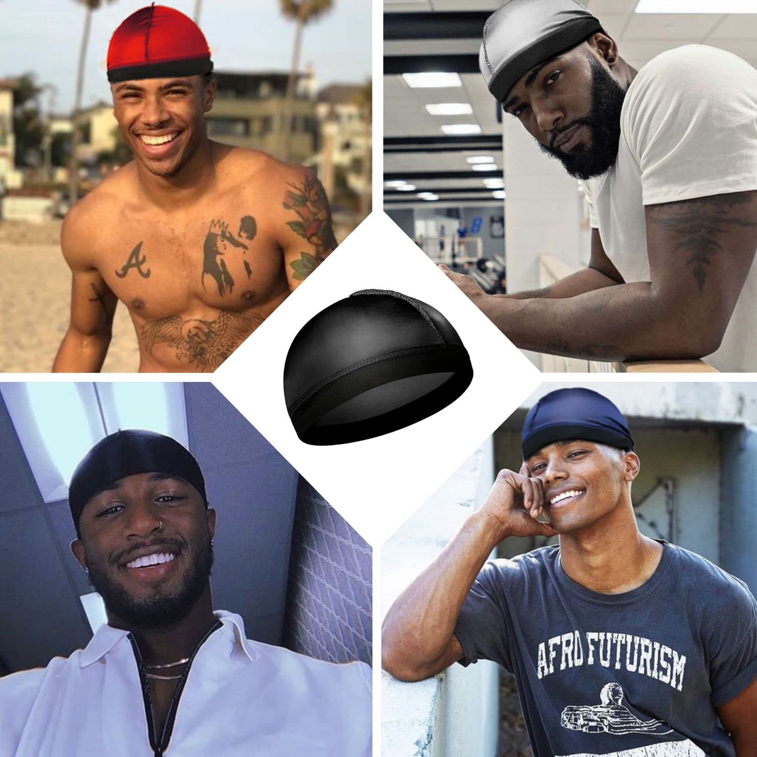 3PCS Wave Cap, Wave Caps for Men, Silk Durag Compression Cap for 360, 540, 720 Waves (Black, Red, Silver)