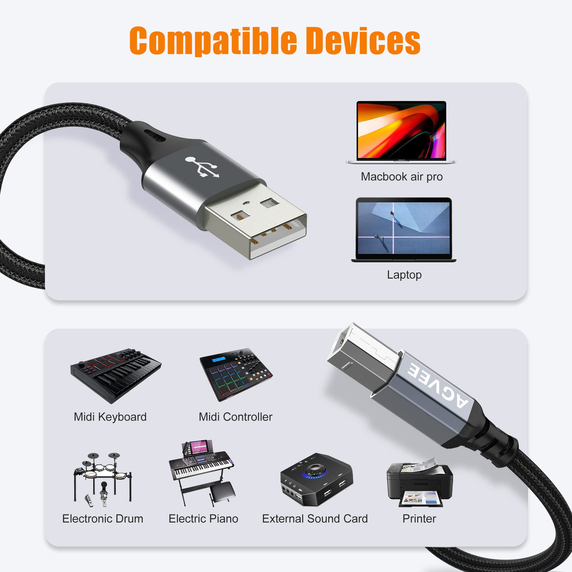 AGVEE [2 Pack 6.6ft USB Printer Cable, A to B MIDI Cable Cord, Braided Stable Data for HP Canon Epson Brother Printer, Piano, Midi Controller, Midi Keyboard, Audio Interface Recording, Dark Gray