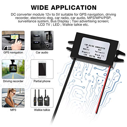 DC Converter Voltage 12V to 5V 3A 15W DC Buck Converter Module, DC to DC Reduced Voltage Regulator Car Power Adapter with Output Power Adapter