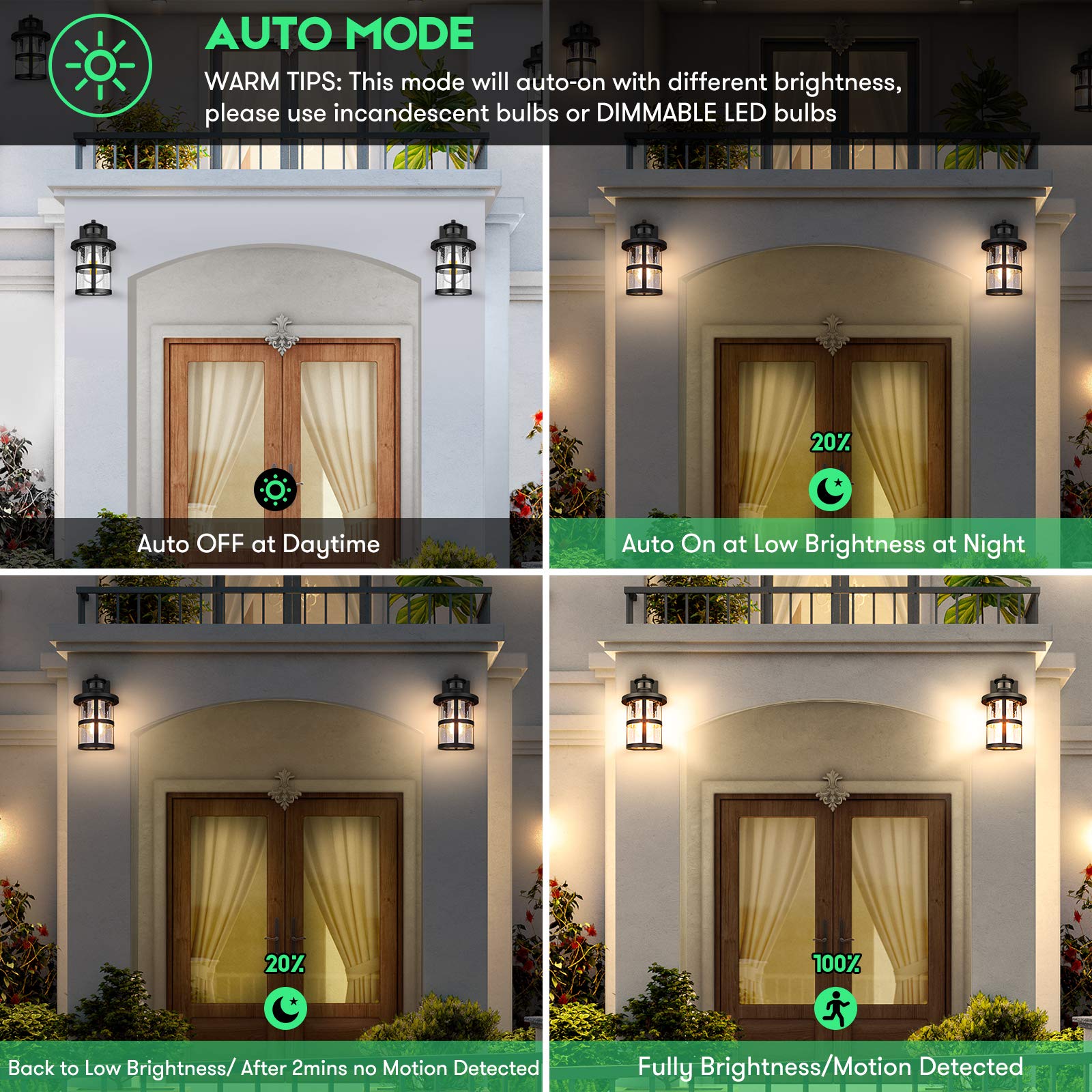 2-Pack Upgrade Outdoor Wall Lantern with Motion Sensor, Waterproof Dusk to Dawn Wall Sconce, Anti-Rust Porch Light Fixtures Wall Mount with Seeded Glass for Entryway Doorway Garage, Motion Activated