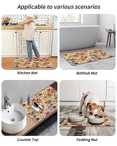 Bathroom Floor Shower Mat, Non-Slip Small Rugs - Easy to Clean, Thanksgiving Pumpkin Sunflower Fall Durable Bath Rug 24"x36" Washable Quick Dry Diatomaceous Earth Mats for Bathtubs