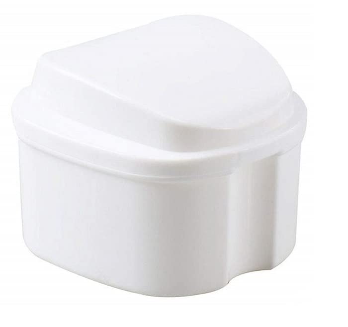 AmeriCan Goods Denture Bath Box with Denture Cleaner Brush Denture Bath Case with Rinsing Basket Tray Container (White)