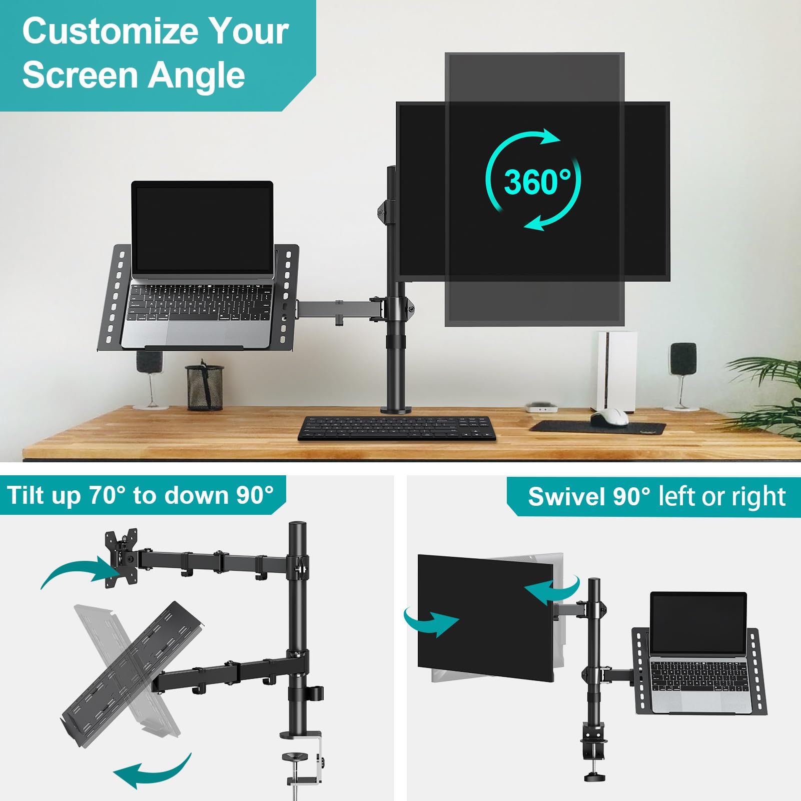 MOUNT PRO Laptop Desk Mount, Height Adjustable, Fits 13" to 32" Screens, with Clamp/Grommet Mounting Base, Holds Up to 17.6lbs