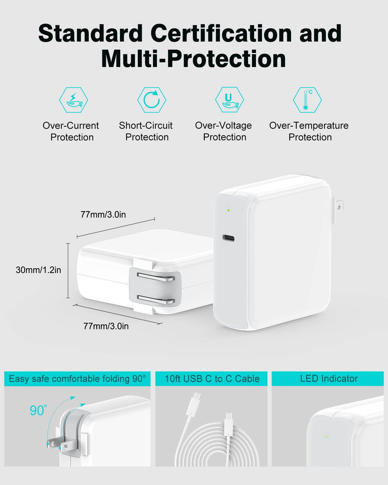 Charger for MacBook Pro 10FT, 96W USB C Charger Power Adapter for MacBook Pro 16, 15, 14, 13 inch 2023, 2022 2021, 2020, 2019, M1 M2 MacBook Air, LED, 5A USB-C Cable Charging as Fast as MagSafe 3