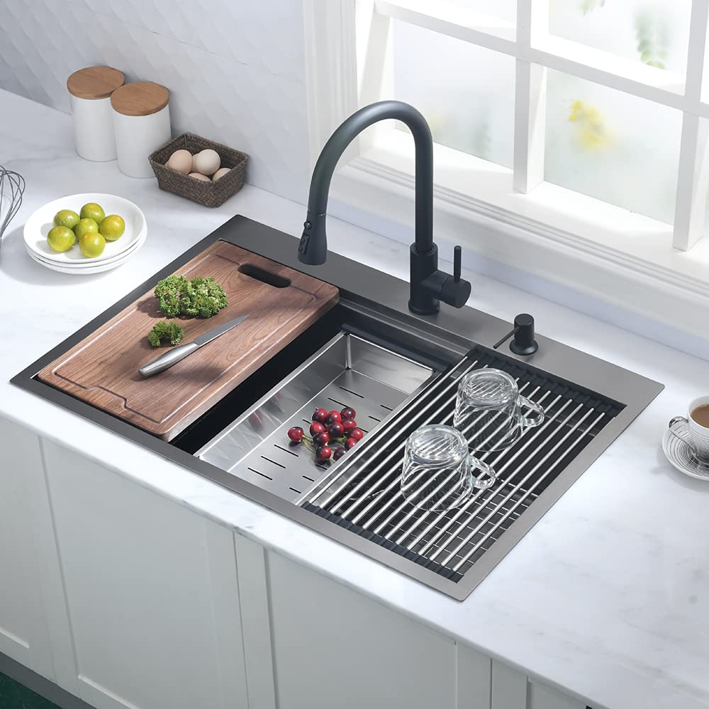 30 Black Drop in Kitchen Sink Workstation- Hovheir 30x22 Topmount Drop In Kitchen Sink Matte Black Stainless Steel Sink Handmade Sink Double Ledges Workstation Sink 16 Gauge Single Basin Kitchen Sink