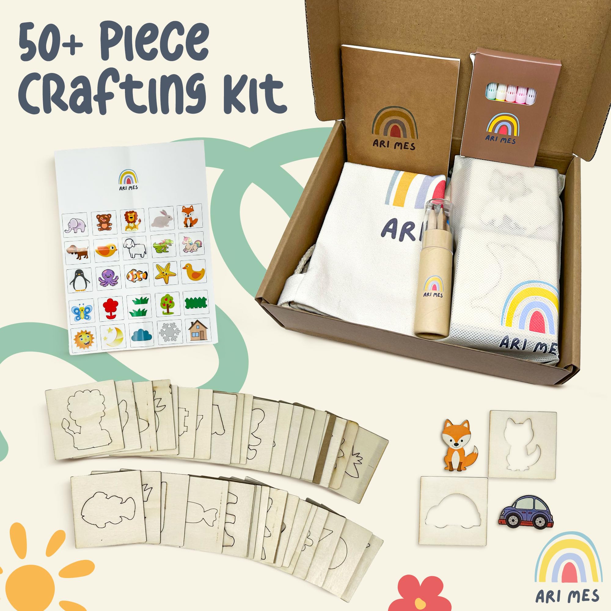 ARI MES - Wooden Stencils Drawing Kit for Kids, 50-Piece Art Stencils with Animal and Shape Stencils, Drawing Stencils, Complete Stencil Art Kit with Notebook, Markers & Bag, Stencils for Crafts