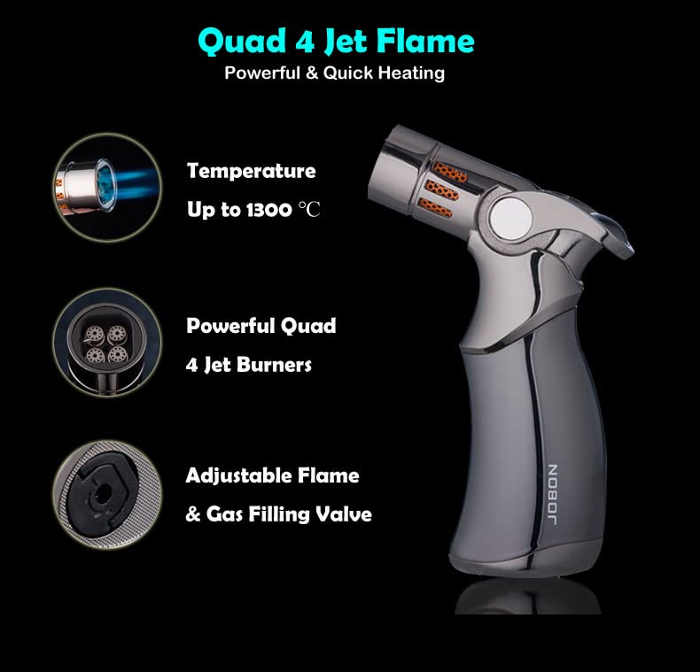 4 Jet Flame Torch Lighter, Windproof Refillable Butane Adjustable Flame Lighter for Kitchen Torch Cooking, Brulee Creme, Desserts, BBQ and Baking (Butane Gas Not Included)