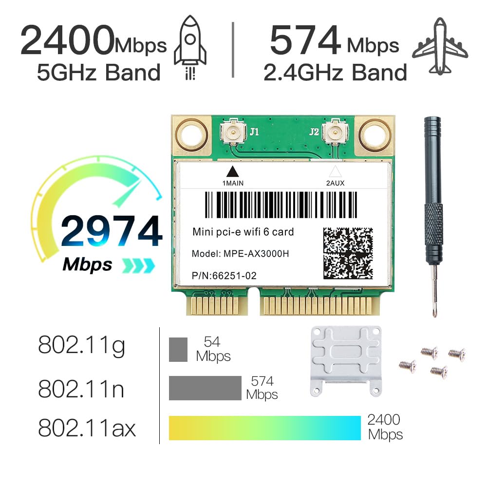 MPE-AX3000H WiFi 6 Wireless Card Dual Band 802.11ax Half Mini PCI-E WiFi Card PCI Express Network Adapter BT5.2 2.4GHz 574Mbps 5GHz 2.4Gbps(160MHz) for Windows 10/11 64 bit Better 7260HMW WiFi Card