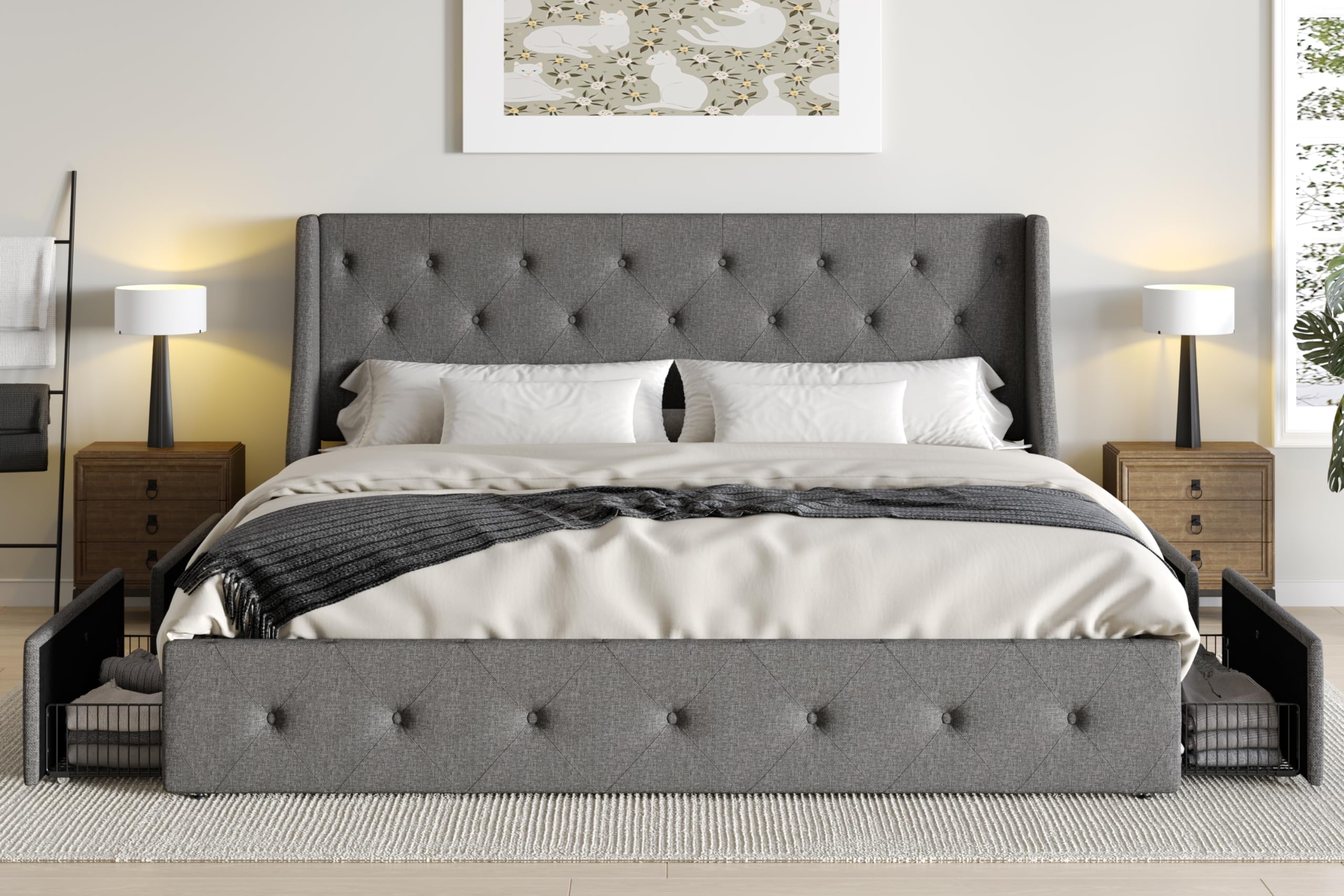 SHA CERLIN King Size Platform Bed Frame with 4 Storage Drawers and Wingback Headboard, Diamond Stitched Button Tufted Design, No Box Spring Needed, Light Grey