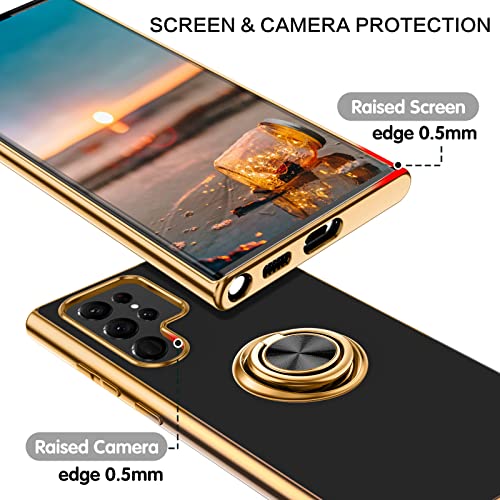 BENTOBEN Samsung S22 Ultra Case, 360° Ring Holder Kickstand Support Car Mount Elegant Plating Edge Slim Shockproof Soft TPU Protective Phone Cover for Samsung Galaxy S22 Ultra 6.8" 2022, Black/Gold