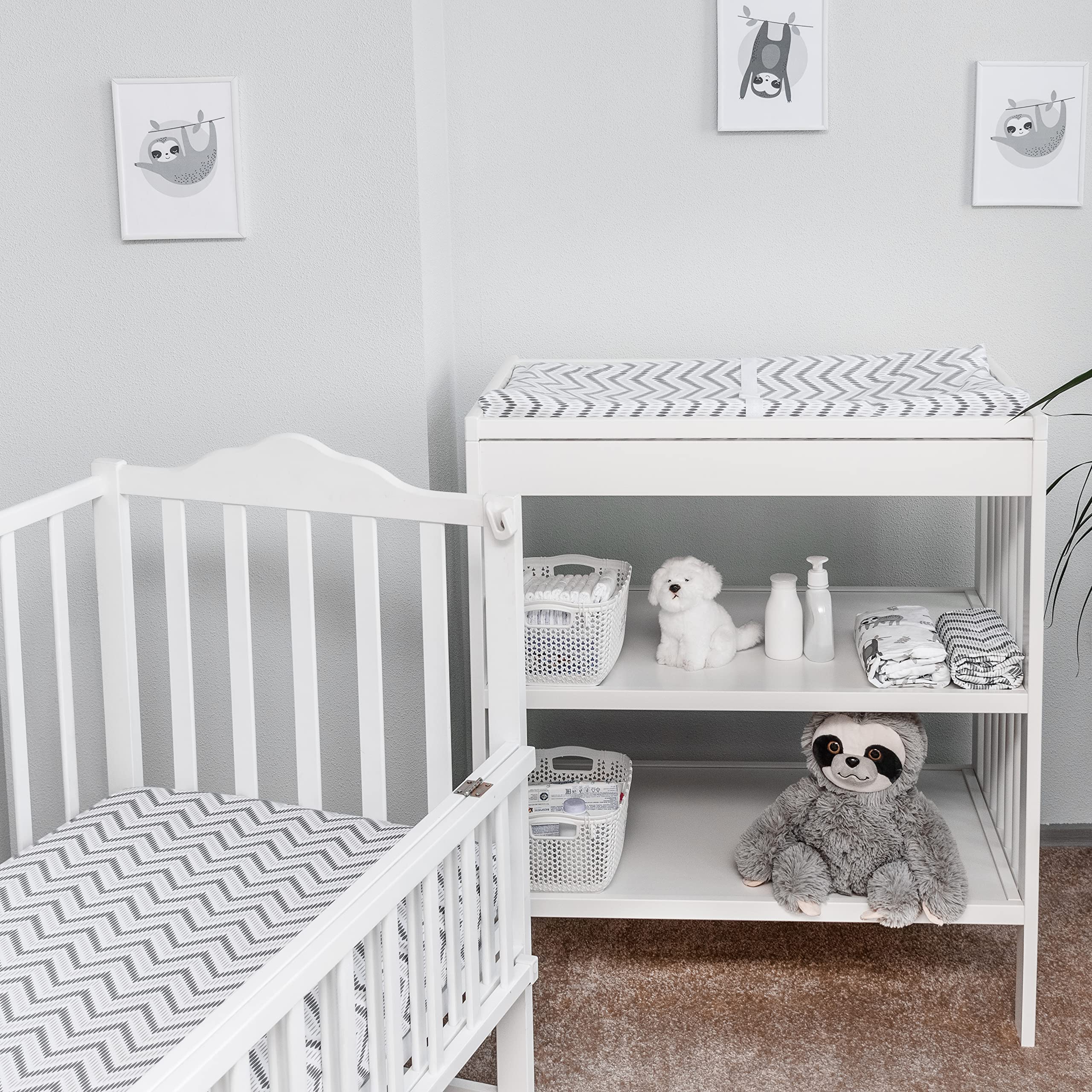 My Little Zone 100% Cotton Changing Pad Cover for Baby Boys and Girls, Chevron - Breathable Bassinet, Mini Crib Mattress Fitted Sheets - Little Sloth, 32"x16" with 8" Deep Pocket, White-Grey, 2 Pack
