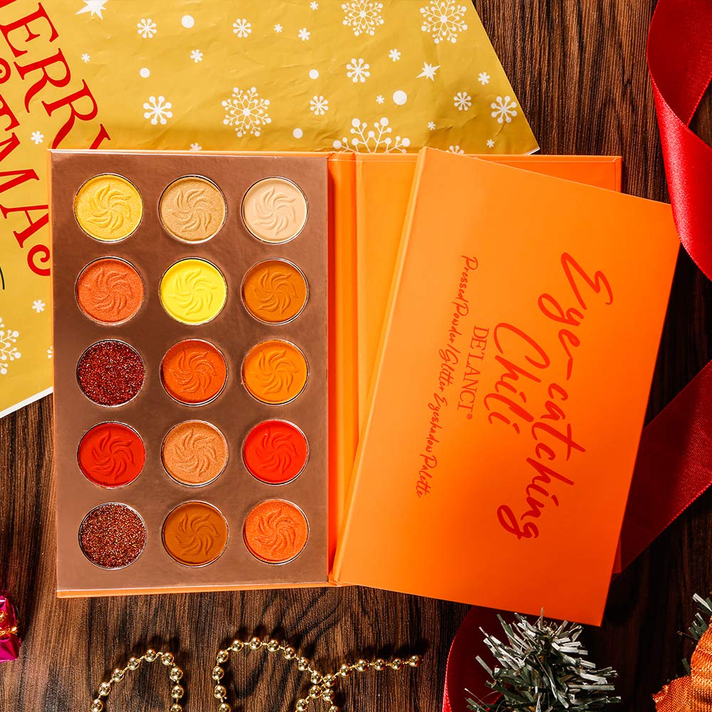 DE'LANCI Burnt Orange Eyeshadow Palette Fall Makeup Matte Shimmer Pressed Glitter Eye shadow 15 Warm Color Shadows Sunset Makeup Palette Nature Tone Eye-catching Chili Pallete