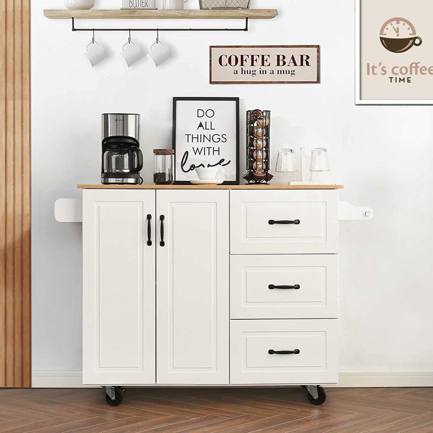 4 EVER WINNER Kitchen Island Cart with Drop Leaf & 3 Drawers, 43β Kitchen Island with Storage Cabinet on Wheels, Spice Rack, Towel Rack, Rolling Kitchen Island Table Breakfast Bar for Kitchen, White