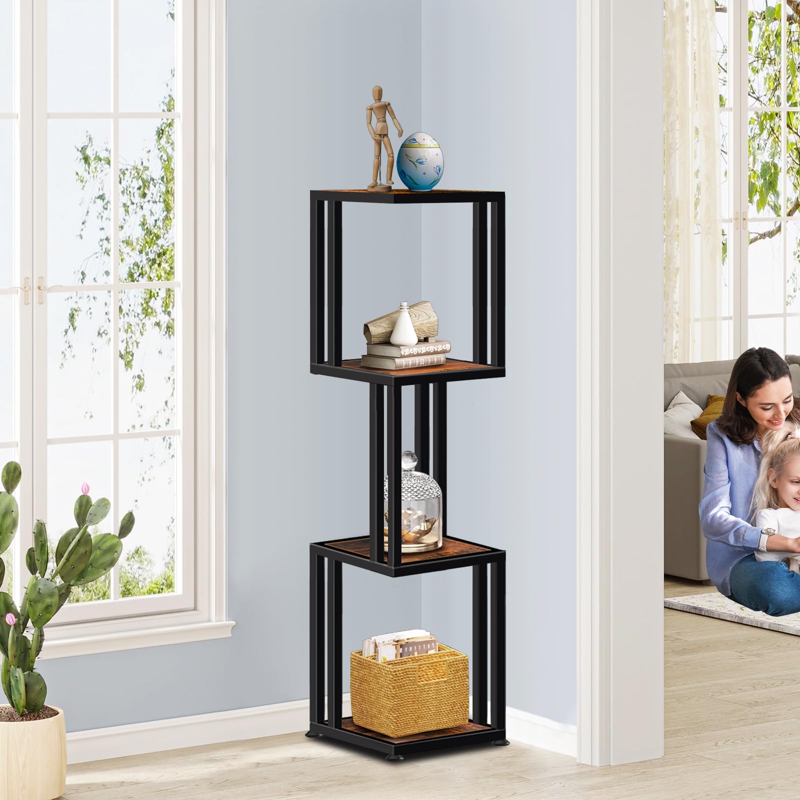 4 -Tier Corner Shelf Stand, 47'' Tall Industrial Corner Shelves, Heavy Duty Square Corner Bookshelf Display Shelf for Small Space, Corner Plant Stand for Living Room, Rustic Brown