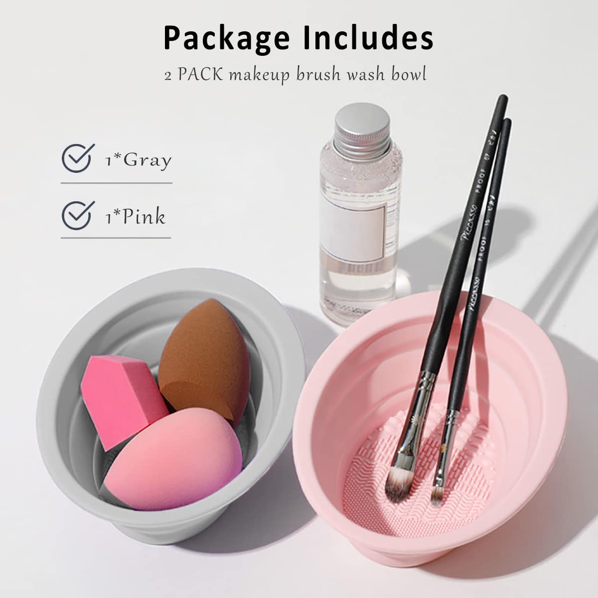 2 Pack Makeup Brushes Cleaner Mat - Silicon cleaning Pad & Bowl Scrubber Portable Washing Tool for Art Brushes Makeup Sponge Powder Puff (Gray & Pink)