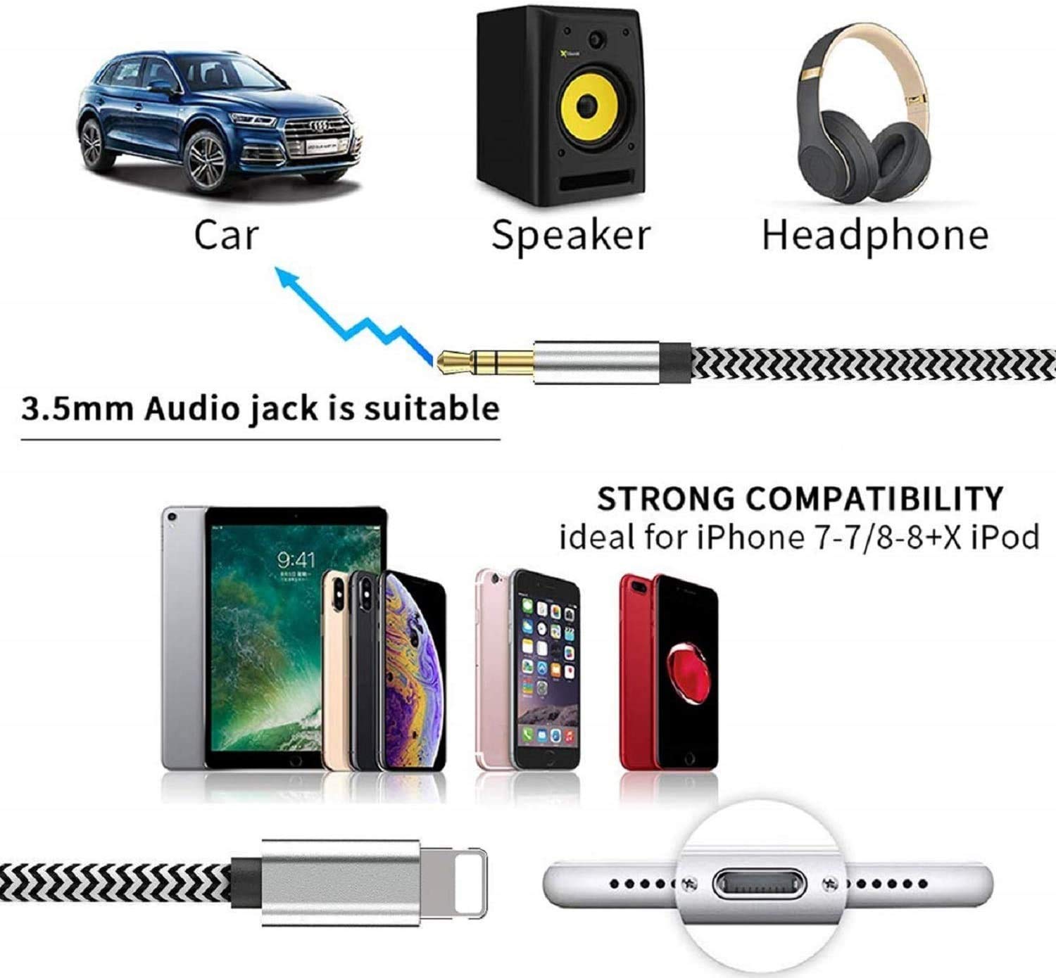 2 Pack Aux Cord for iPhone, 3.3ft Apple MFi Certified Lightning to 3.5mm AUX Audio Nylon Cable Compatible with iPhone 14 13 12 11 XS XR X 8 7 for Home Car Stereo/Headphone/Speaker, Support All iOS