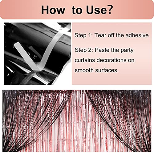 4 Packs 2 Black and 2 Rose Gold Foil Fringe Curtains, 3.2 ft x 8.2 ft Tinsel Curtains with Adhesive, Photo Booth Backdrop for Birthday, Graduation Party Decorations (Black and Rose Gold, 4pcs)