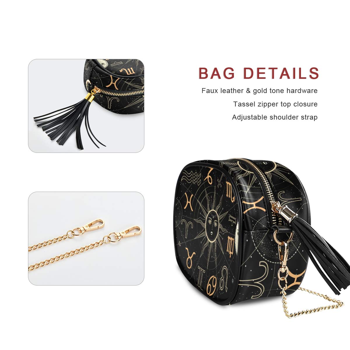 ALAZA PU Leather Small Crossbody Bag Purse Wallet Horoscope Circle With Zodiac Signs Sun Moon And Stars Cell Phone Bags with Adjustable Chain Strap & Multi Pocket