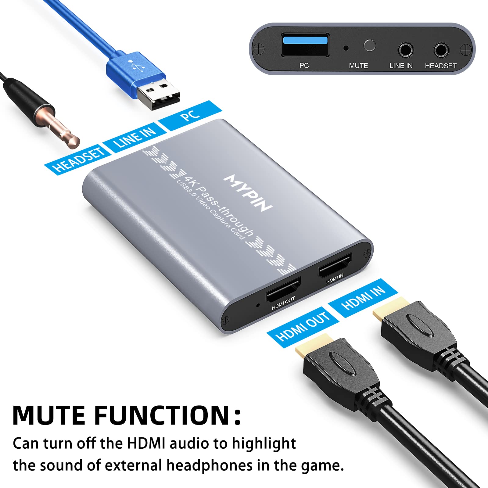 MYPIN 4K 60fps Audio Video HDMI Game Capture, Live Gamer Portable Pass-Through 4K Full HD 1080P 60fps USB3.0 Capture Card Ultra Low Latency Record Stream for Xbox, PlayStation, Nintendo Switch