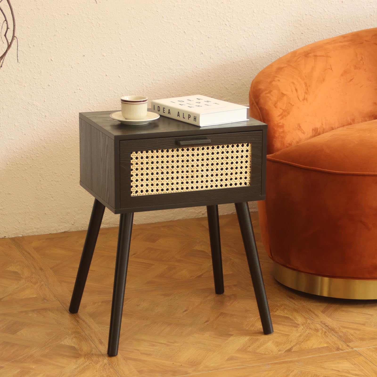 AWASEN Nightstand Mid Century Modern Side Table with Rattan Drawer, End Table with Storage and Solid Wood Legs for Bedroom Living Room Small Space, Easy Assembly (Natural Walnut)