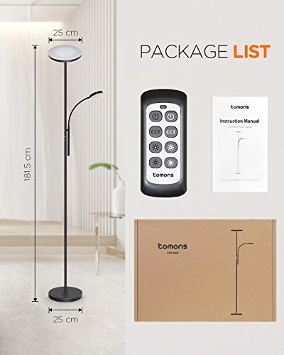 tomons Dimmable Floor Lamp, Bright Tall Mother-Daughter Light Torchiere Sky LED Torchiere with Remote Controller, Stepless Dimming, 3 Color Temperatures, Modern Industrial Living Room, Bedroom - Black