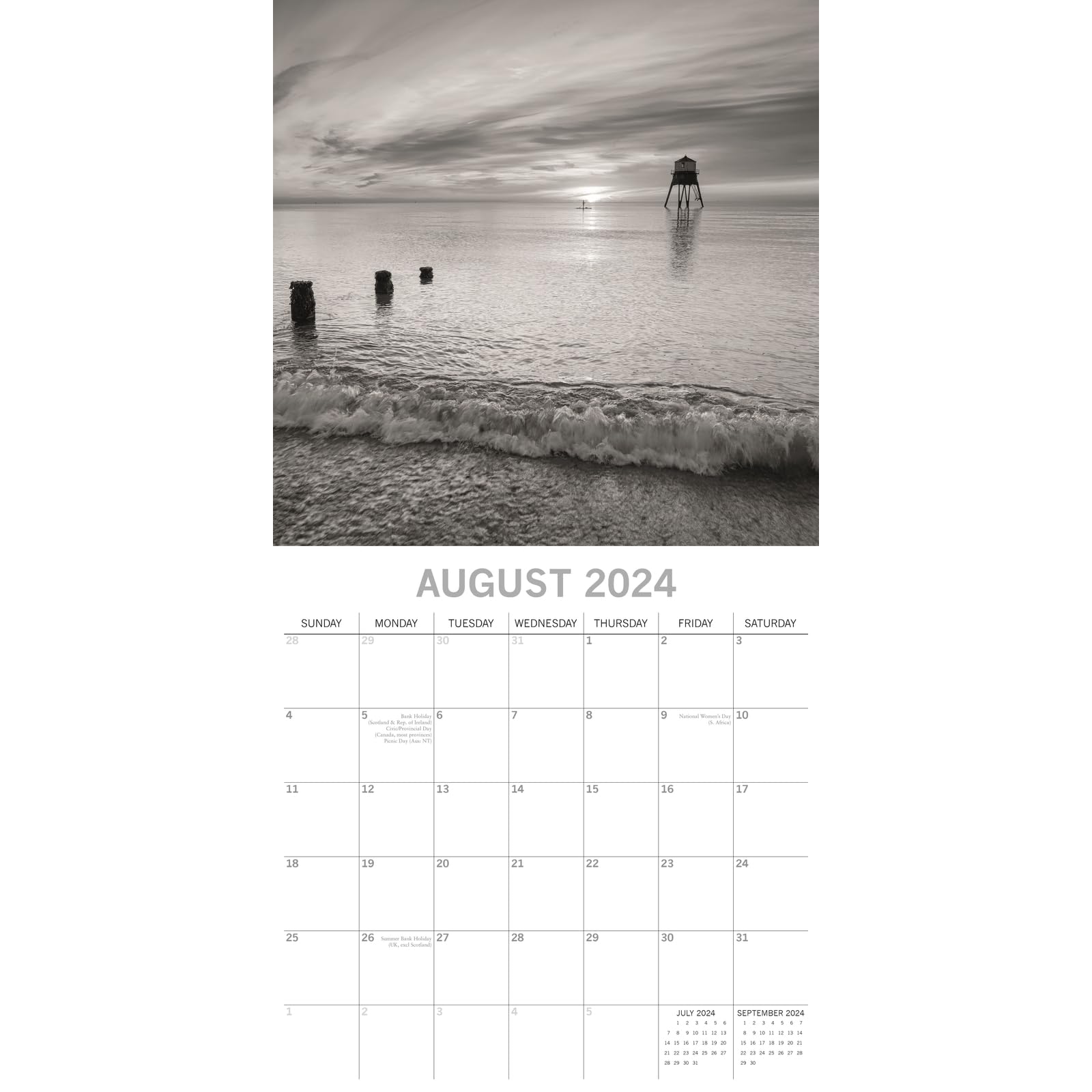 2024 Square Wall Calendar, Seascapes, 16-Month Black and White Photos with 180 Reminder Stickers (12 x 12 In)